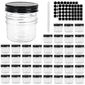 EkkoVla 40 Pack 4 oz Glass Jars with Black Lids, Regular Mouth Mini Mason Jar, Canning Jars for Baby Food, Honey, Jam, Jelly, Wedding Favor, Shower Favor, Body Butters, Spice