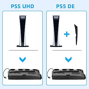 Yerliker Multi-Function Vertical Stand with Cooling Fan Compatible with PS5 Console and PS5 Digital Edition, with Game Holder Dual Controller Charger 3-Ports USB Hub and 14 Game Card Slot Organizers [video game]