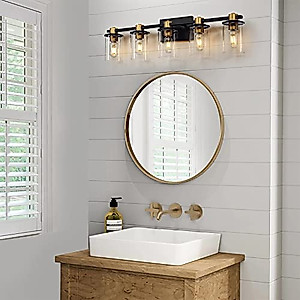 Atocif 5 Light Bathroom Vanity Light Fixtures, Black and Gold Vanity Light Above Mirror with Clear Glass Shade, Modern Wall Sconce Black with Bronze Vintage