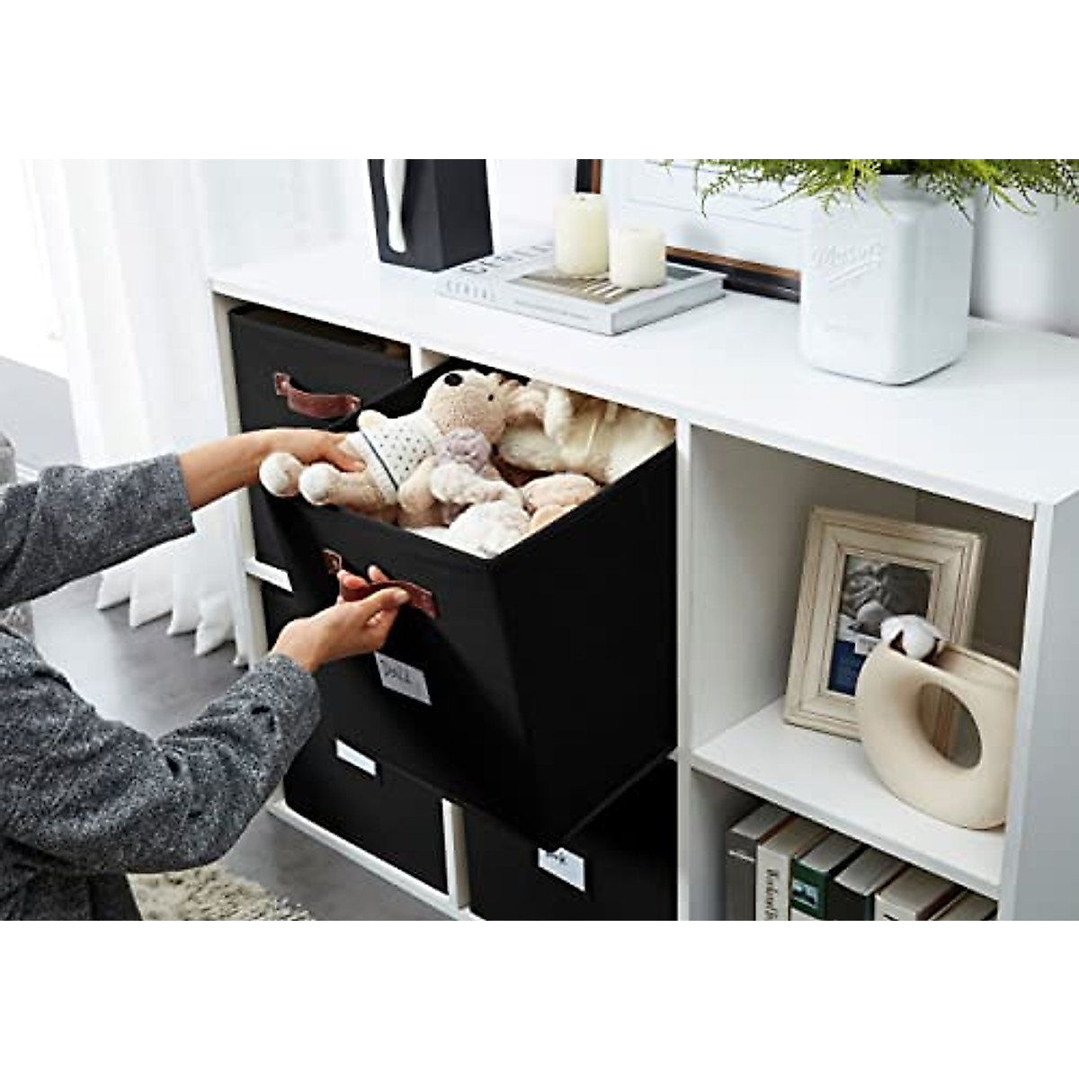 DECOMOMO Storage Baskets 13x15x13 Storage Cube Bins with Label Holders, Kallax Storage Cubes Baskets for Organizing Shelves Nursery Toy (Kallax / 4pcs, Black)