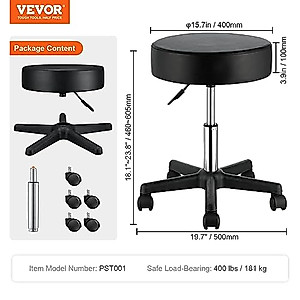 VEVOR Rolling Stools with Wheels, 400 LBS Weight Capacity Adjustable Height Stool with Ultra-Thick Seat Cushion, Swivel Stools Chair for Salon, Bar, Home, Office, Tatoo, Medical, Massage, Black