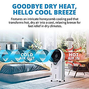 Newair Evaporative Cooler 470 CFM 250 sq. ft. Freestanding Home Air Cooler 3 Fan Speeds 1.45 Gallon Water Tank, White Easy Glide Wheels Remote Control Included