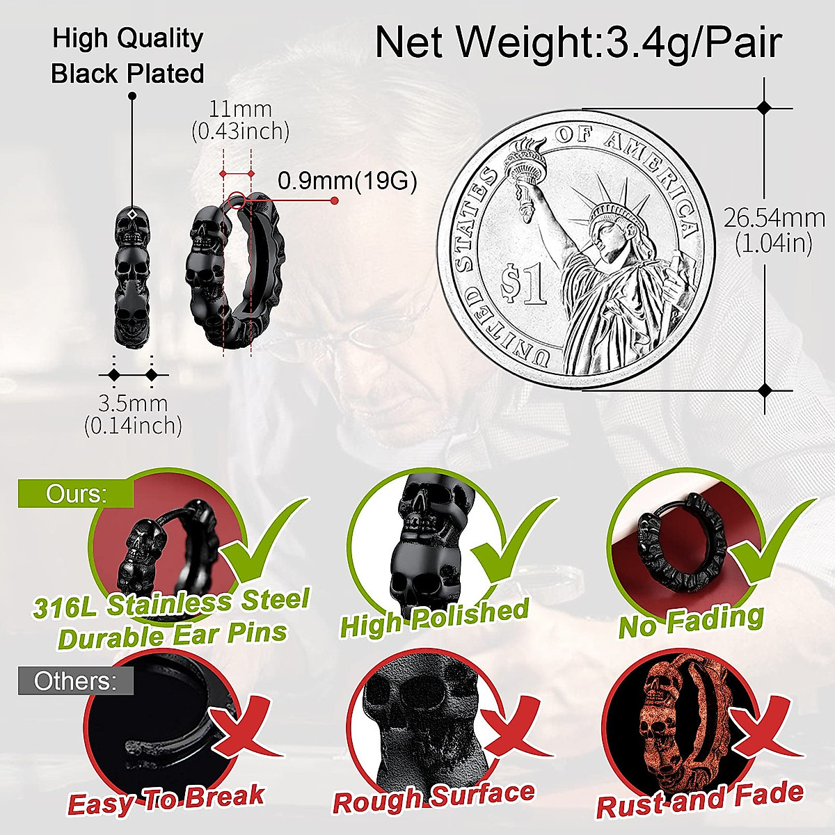 Black Skull Hoops Mens Huggie Circle Hoop Earrings for Man Gothic Punk Jewelry for Rapper Reggae Statement Ear Charms