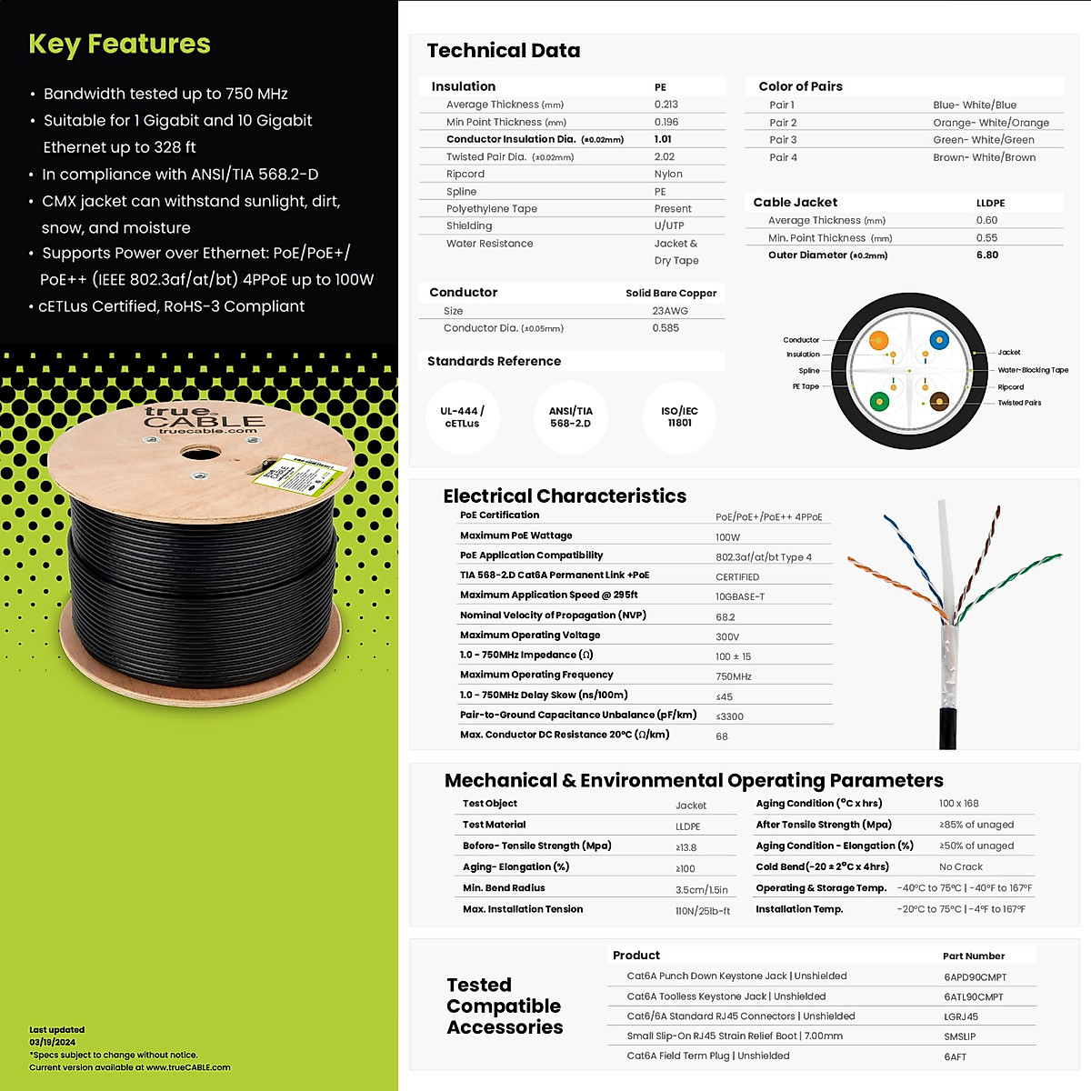 trueCABLE Cat6A Direct Burial, 1000ft, Waterproof, Outdoor Rated CMX, Black, 23AWG Solid Bare Copper, 750MHz, PoE++ (4PPoE), ETL Listed, Unshielded UTP, Bulk Ethernet Cable