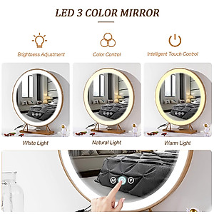 Onaninso Makeup Vanity Table with Lighted Mirror, Vanity Desk with Slate Tabletop and Solid Wood Frame, 4 Drawers, Stool, Side Cabinet, Vanity Set for Bedroom (47.2in)