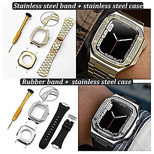 AEHON Luxury case+strap For Apple Watch Band 41mm 44mm 45mm Mod Modification Kit steel Metal Bezel frame iWatch series 8 7 6 se 5 4 3 (Color : Rose gold, Size : 45MM)