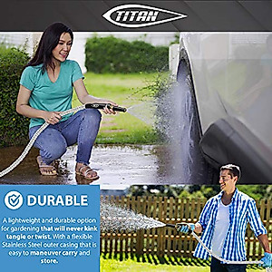 TITAN 100FT Metal Garden Hose - Flexible Water Hose with Solid 3/4" Brass Connectors 360 Degree Brass Jet Sprayer Nozzle - Lightweight Kink Free Strong and Durable Heavy Duty 304 Stainless Steel
