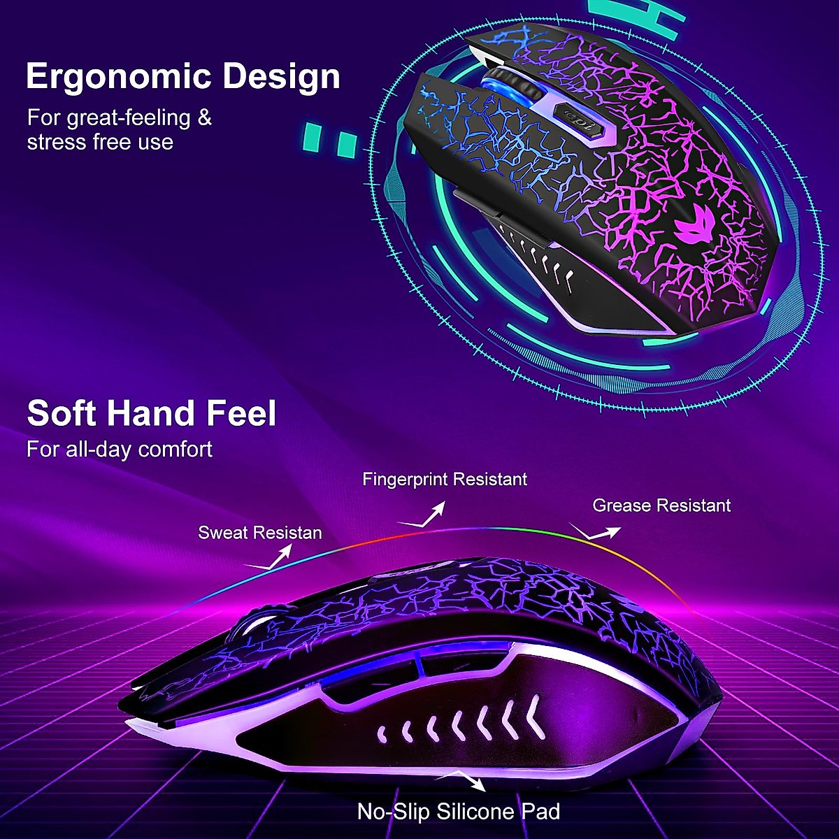LuLabboard Wireless Gaming Mouse, Rechargeable Wireless Computer Mouse, 7-Color LED Light, Ergonomic Mouse with 6 Silent Click Buttons, 3 Adjustable 2400 DPI Wireless Mouse for Laptop,PC,Mac, Black