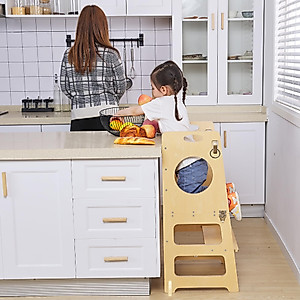 4-in-1 Foldable Kitchen Stool Helper with Safety Crossbar, Standing Toddlers Tower with Chalkboard for Learning, Montessori Folding Desk Table and Chair Set for Kids 1-6 Years