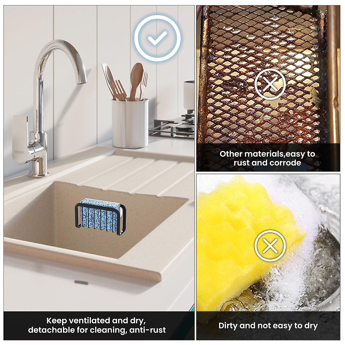 GOODBUY Sponge Holder for Kitchen Sink, Anti-Rust Sink Sponge Holder with Suction Cups, Aluminum Sink Caddy Kitchen Sink Organizer for Sponges, Scrubbers, Soap, Bathroom 5.9" x 2" x 3.3" Grey