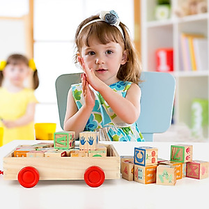 Joqutoys Wooden Building Blocks for Toddlers 1-3, Large Wood Baby Stacking Blocks Set for Kids, 30 PCS Alphabet Blocks with Toy Wagon, Educational Wooden Toys for Boys Girls Gifts 1.65"