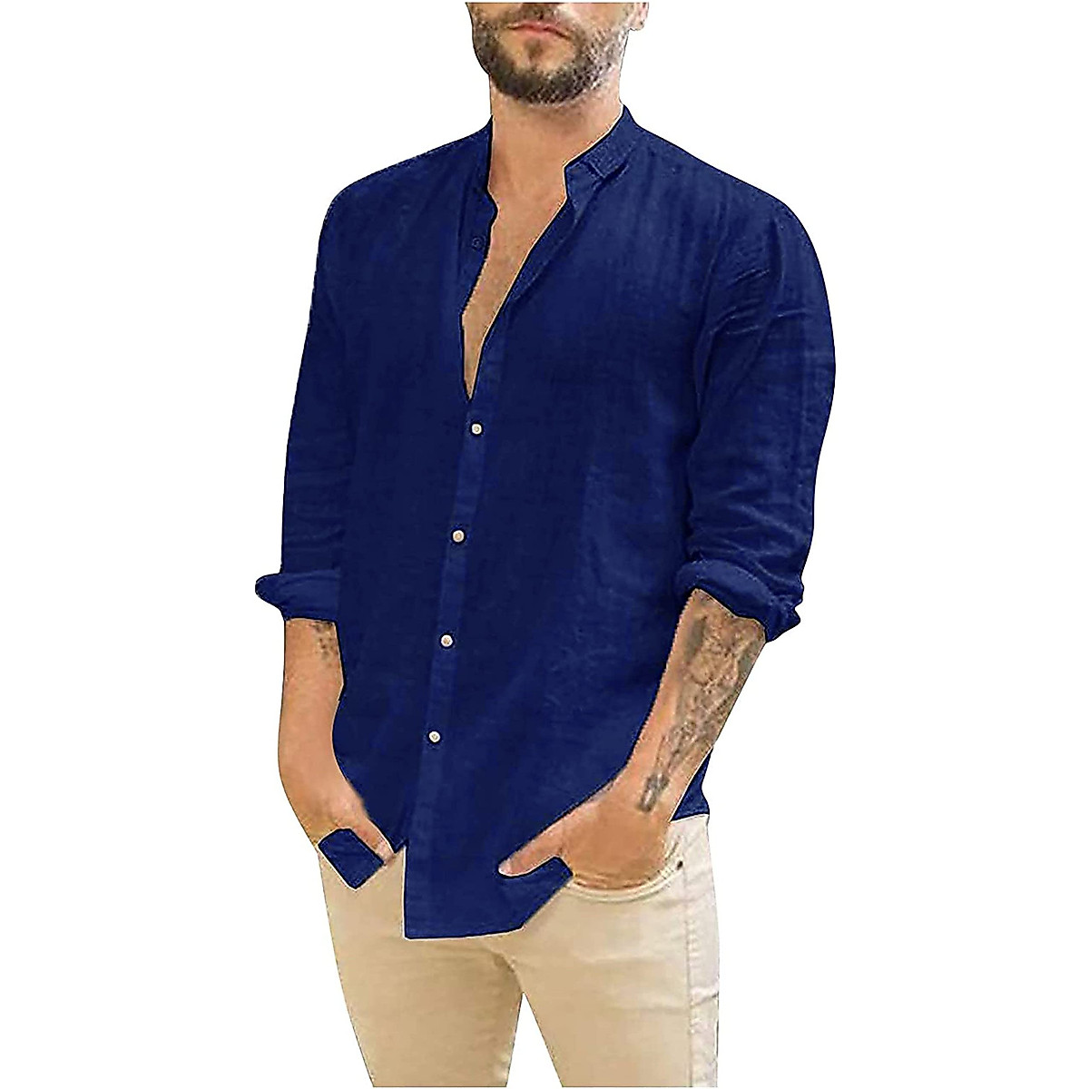 Men Linen Button Down Dress Shirts Casual Long Sleeve Cotton Beach T Shirts Stand Collar Solid Summer Yoga Tops (Blue,Large)