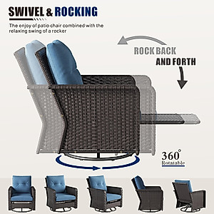 HWB 3 Piece Outdoor Patio Furniture Set Padded Rocking Chair with Retractable Footrest, Bistro Table and Chairs Set of 2, Swivel Glider Rocker Chair Couch with Cushions for Front Porch Balcony Garden