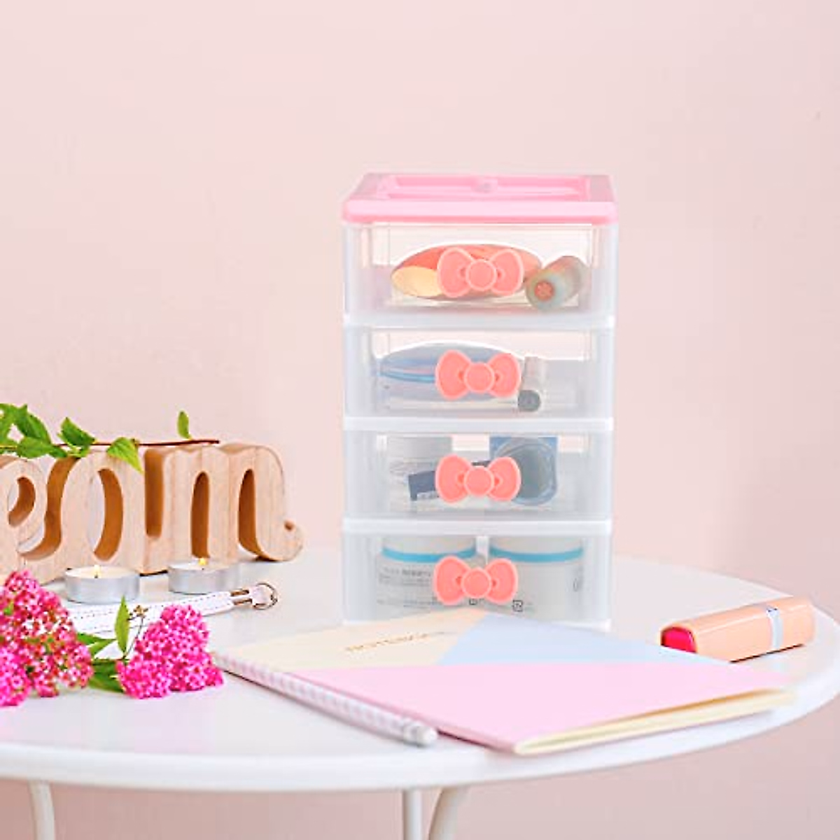 Lovely Pink Receiving Storage Cabinets Kawaii Makeup Organizer with 4 Layers Cute Storage Cabinet Box with Bow Handle Plastic Desktop Storage Box for Home Bedroom Bathroom Women Girl Gifts, Clear