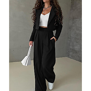 KIRUNDO Blazer Sets Women 2 Piece Outfits Casual Cropped Jackets High Waist Wide Leg Pant Suits Dressy Office Clothes(Black, X-Large)