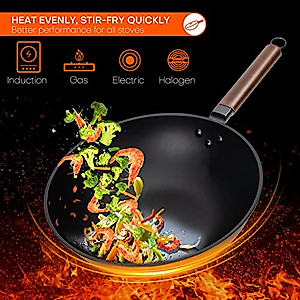 Eleulife Carbon Steel Wok, 13 Inch Wok Pan with Lid and Spatula, Nonstick Woks and Stir-fry Pans, No Chemical Coated Flat Bottom Chinese Wok for Induction, Gas, All Stoves