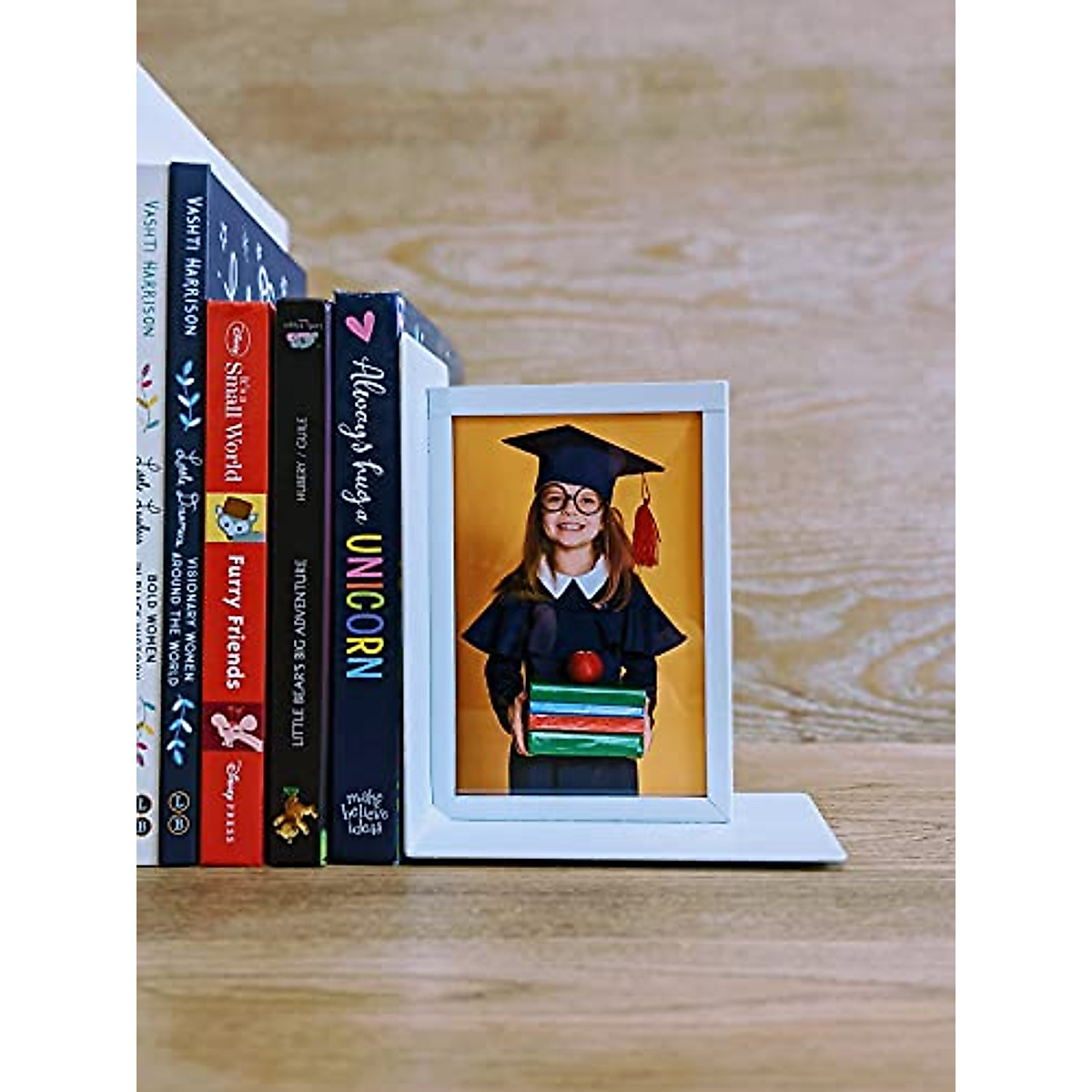 MODBRANDS Premium Bookends Set with Photo Frames. Non-Skid, Sturdy Metal with Acrylic Photo Protection (Extra acrylics Included), 6.75 x 5.5 x 4 in, 1 Pair (Set of 2), White