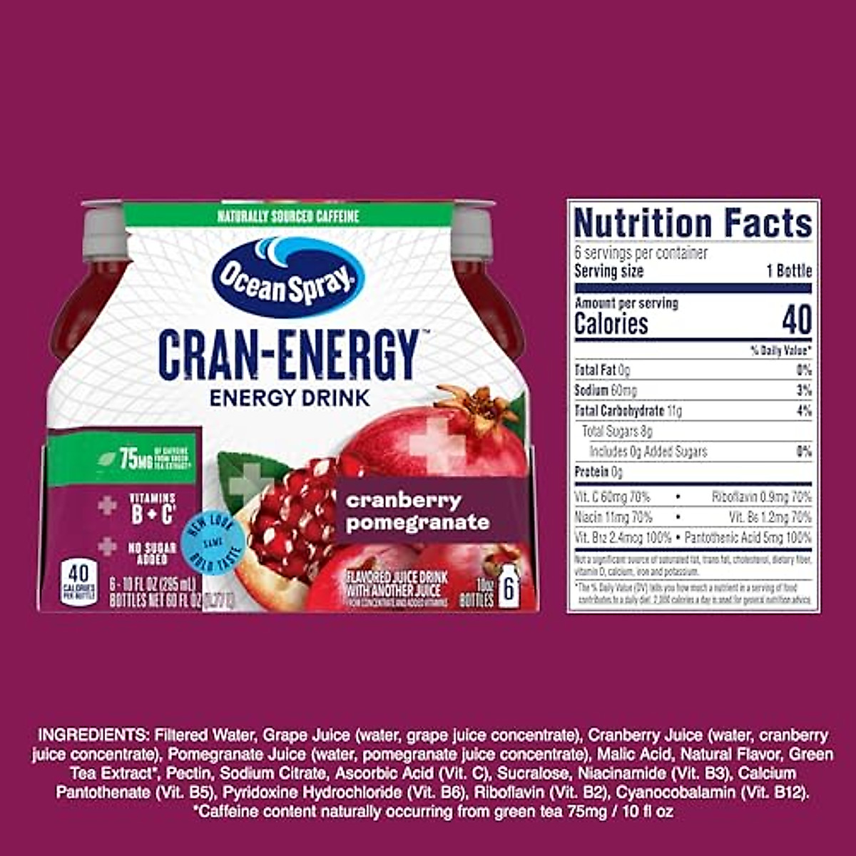 Ocean Spray® Cran-Energy™ Cranberry Pomegranate Juice Drinks, 10 Fl Oz Bottles, 6 Count (Pack of 1)