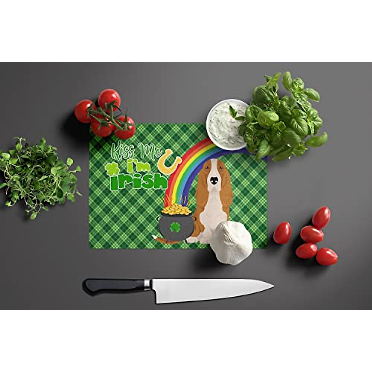Caroline's Treasures WDK4744LCB Red and White Tricolor Basset Hound St. Patrick's Day Glass Cutting Board Large, 12H x 16W, multicolor