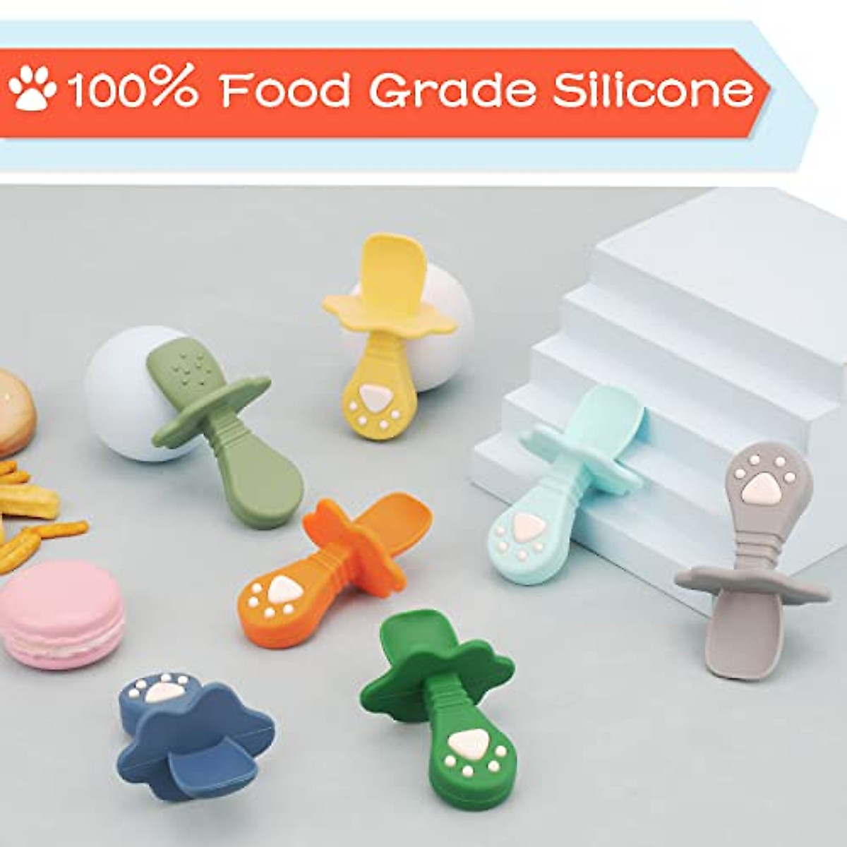 4Pcs Silicone Baby Spoons, Baby Feeding Spoons with Anti Choke Barrier,Baby Self Feeding Training Cute Utensils Set