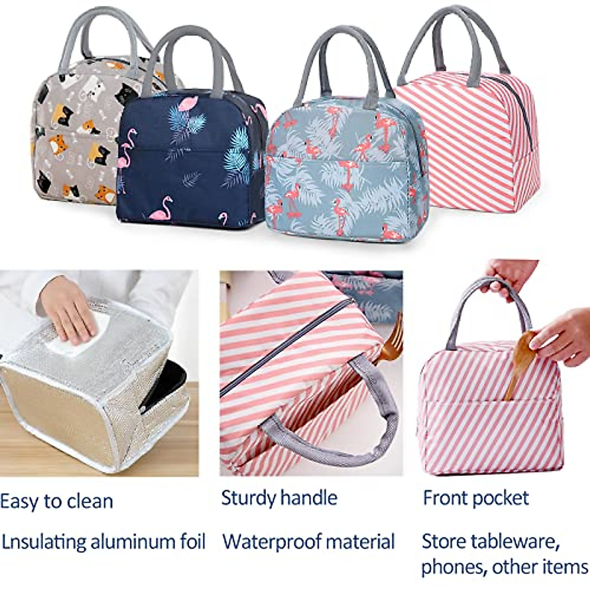 INVODA 4PCS Lunch Bag 4PCS Reusable Portable Lunch Bag Insulated Picnic Bag Cooler and Thermal Lunch Organizer for Work Picnic (4 Patterns)