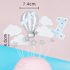 Kawailay 1st Boy Birthday Cake Topper Set Glitter Happy Birthday Cake Banner Flag First Birthday Cake Topper with Hot Air Balloon Clouds Stars for Baby Shower Boy s Birthday Party Supplies - Blue
