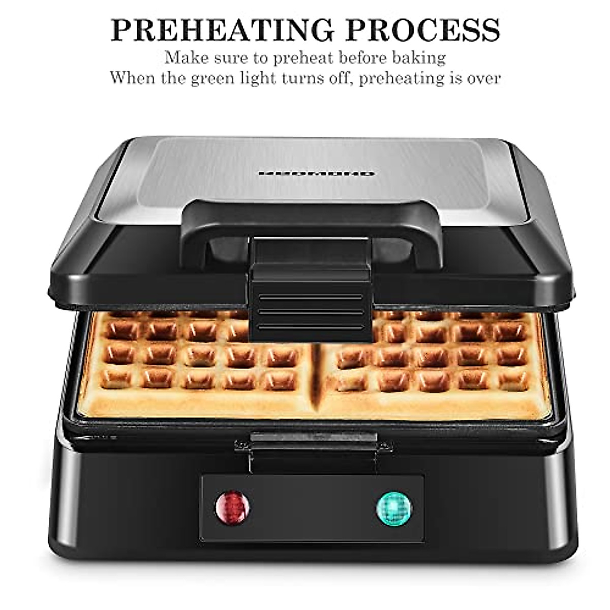 REDMOND Waffle Maker, Nonstick 4 Slice Square Waffle Iron, Compact Classic Stainless Steel Waffle Maker for Family Use Breakfast, 1300W, Black