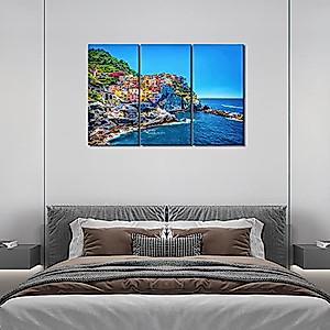 3 Pieces Modern Canvas Painting Wall Art The Picture for Home Decoration Cityscape Traditional Port Mediterranean Sea Cinque Terre Italy Coast Landscape Print On Canvas Giclee Artwork for Wall Decor