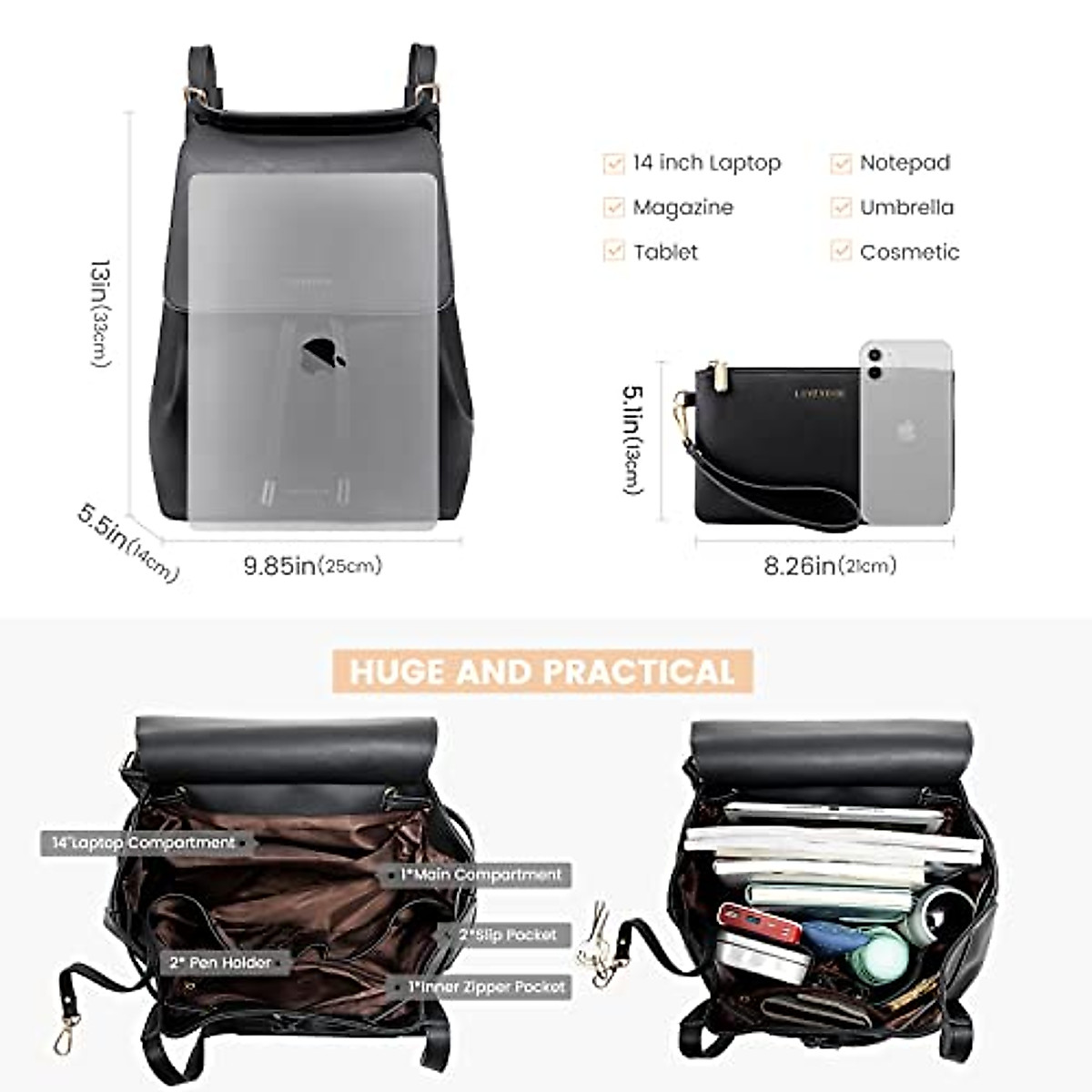 LOVEVOOK Backpack Purses for Women, Tote Bag Convertible PU Leather Backpacks, Fashion Handbag Satchel Bags Casual Back Pack 14 Inch Laptop Backpacks 2PCS, Black