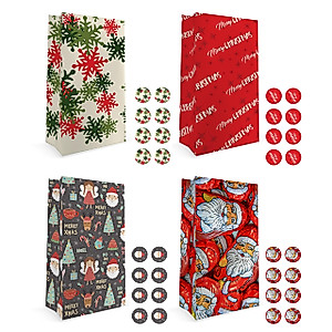 easykart labels Christmas Treat Bags, 32 Pcs Christmas Paper Bags, 32 Pcs Christmas Stickers, Christmas Goodie Bag Party Supplies for Classrooms, Party Favors, Kraft Holiday Goody