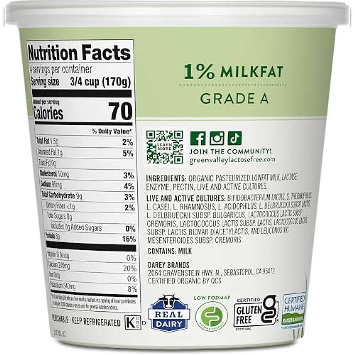 Green Valley Lactose Free Organic Lowfat Plain Yogurt, 24 Ounce