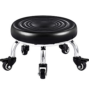 Lorvain Low Stool with Wheels, Roller Seat Short Rolling Stools with Universal Swivel Caster Wheels Leather Little Low Small Stools on Wheels for Home Garage to sit on- Black