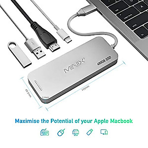 MINIX NEO Storage, 480GB Aluminum USB-C Multiport Solid State Drives Storage Hub with Display Output 4K @ 30Hz, 2 x USB 3.0 and USB-C for Power Delivery, Compatible for Apple MacBook. Silver
