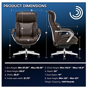 Serta iComfort i6000 Series Big & Tall Ergonomic Bonded Leather High-Back Executive Chair, Brown/Silver
