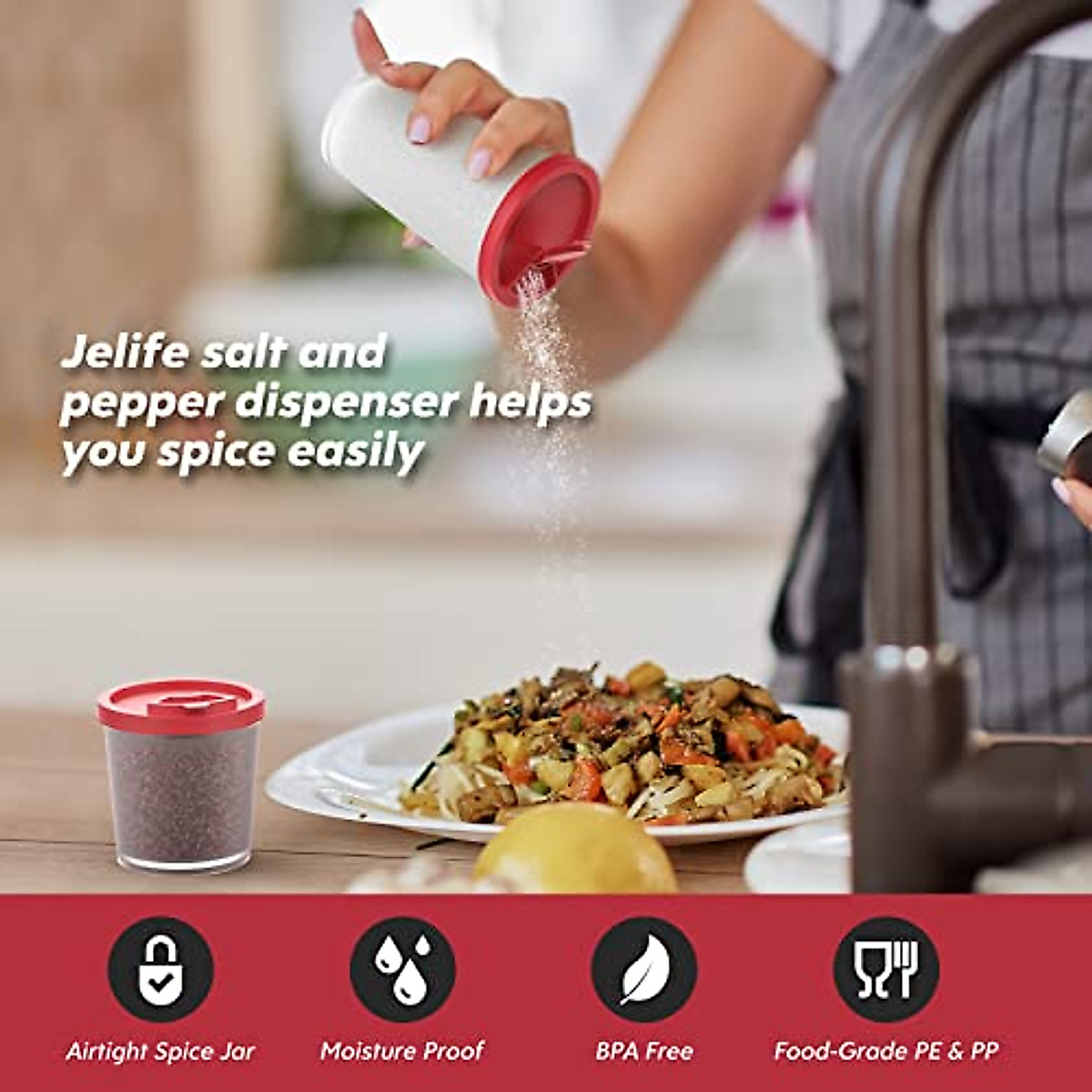 Salt and Pepper Shakers Set of 2 - Jelife 4.3oz Salt Shaker with Lid Medium Airtight Plastic Spice Jar, Moisture-Proof Spice Dispenser Set to go for Travel Camping Picnic Outdoors Kitchen Lunch Boxes