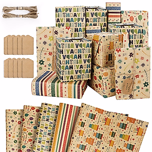 Prasacco Wrapping Paper Birthday Wrapping Paper Sheets-Recyclable Birthday Gift Wrap Set with Tag String-Eco Gift Wrapping Paper