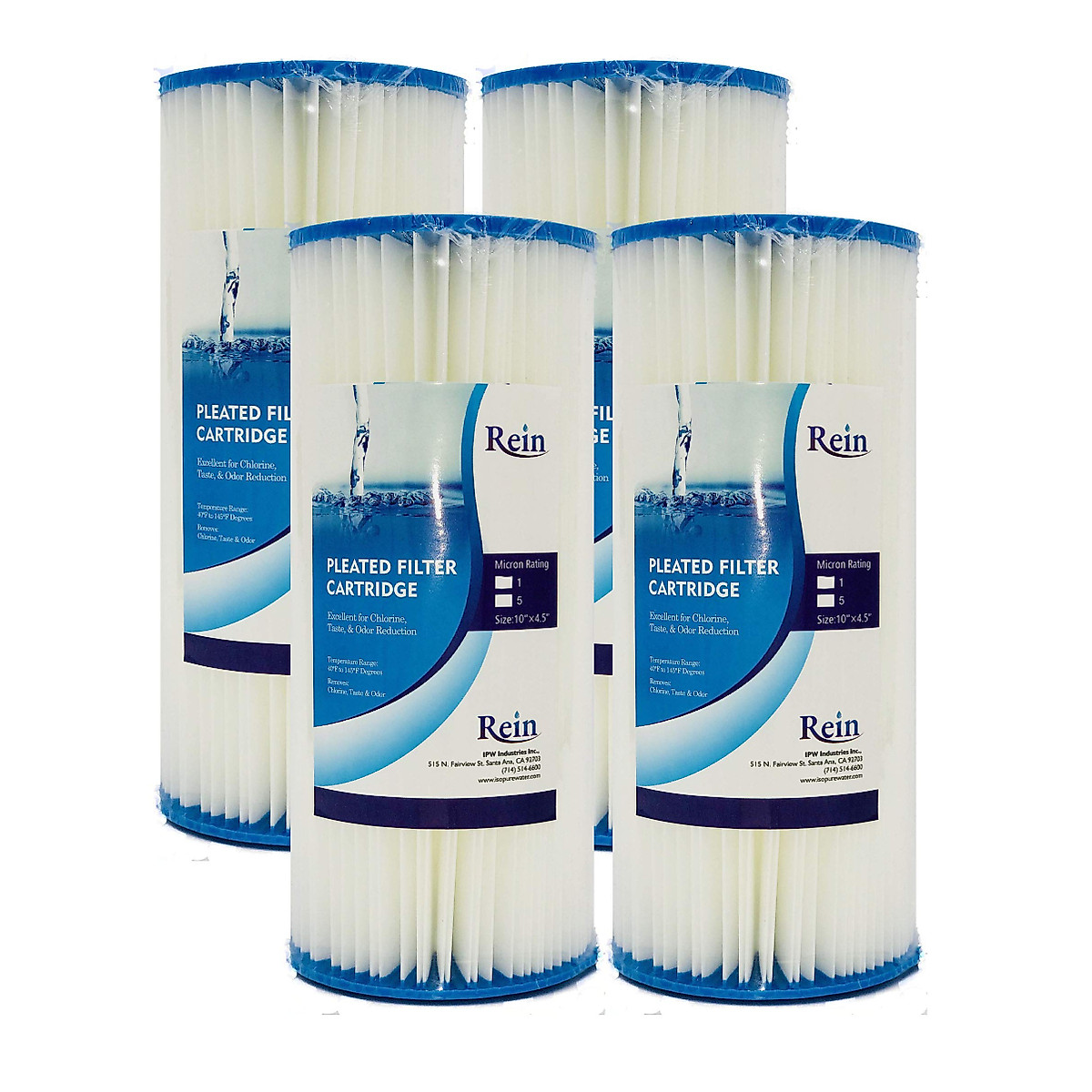 1 Micron Whole House Full Flow 10" x 4.5" Pleated Water Filter Replacement Cartridge - Pack of 4