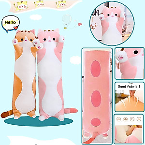 MDXMY Long Stuffed Cat Plush Pillow Cute Cat Stuffed Animals Soft Long Body Throw Sleeping Pillow(Pink,19.6inch)