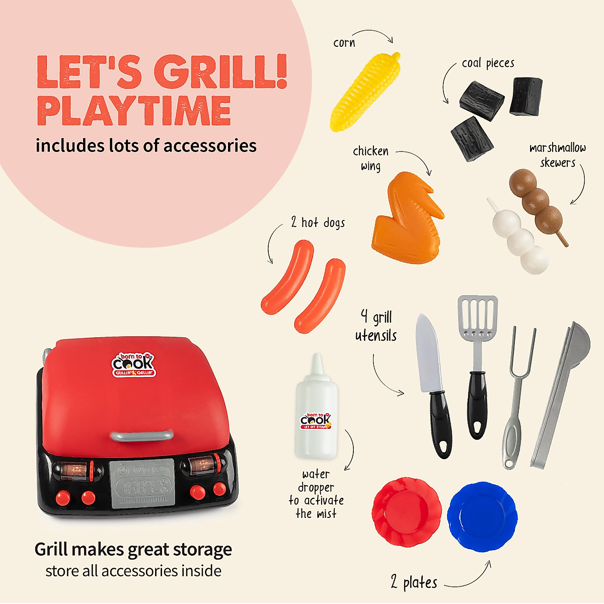 Born Toys Kids Grill Playset - Interactive Kids BBQ Grill Playset w/Pretend Smoke, Sound & Light- Dress Up & Pretend Play Kitchen Toy Grill for Kids Ages 3 & Up w/Kids Apron Hat & Cooking Mitt 20pcs