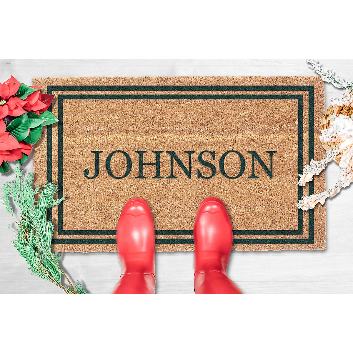 Personalized Front Door Mats Outdoor - Made in USA, Coir Welcome Mats with Vinyl Backing for Home Entrance, Custom Gift for Dad from Daughter, Son, Low Profile (22" x 36" Green Double Bordered)