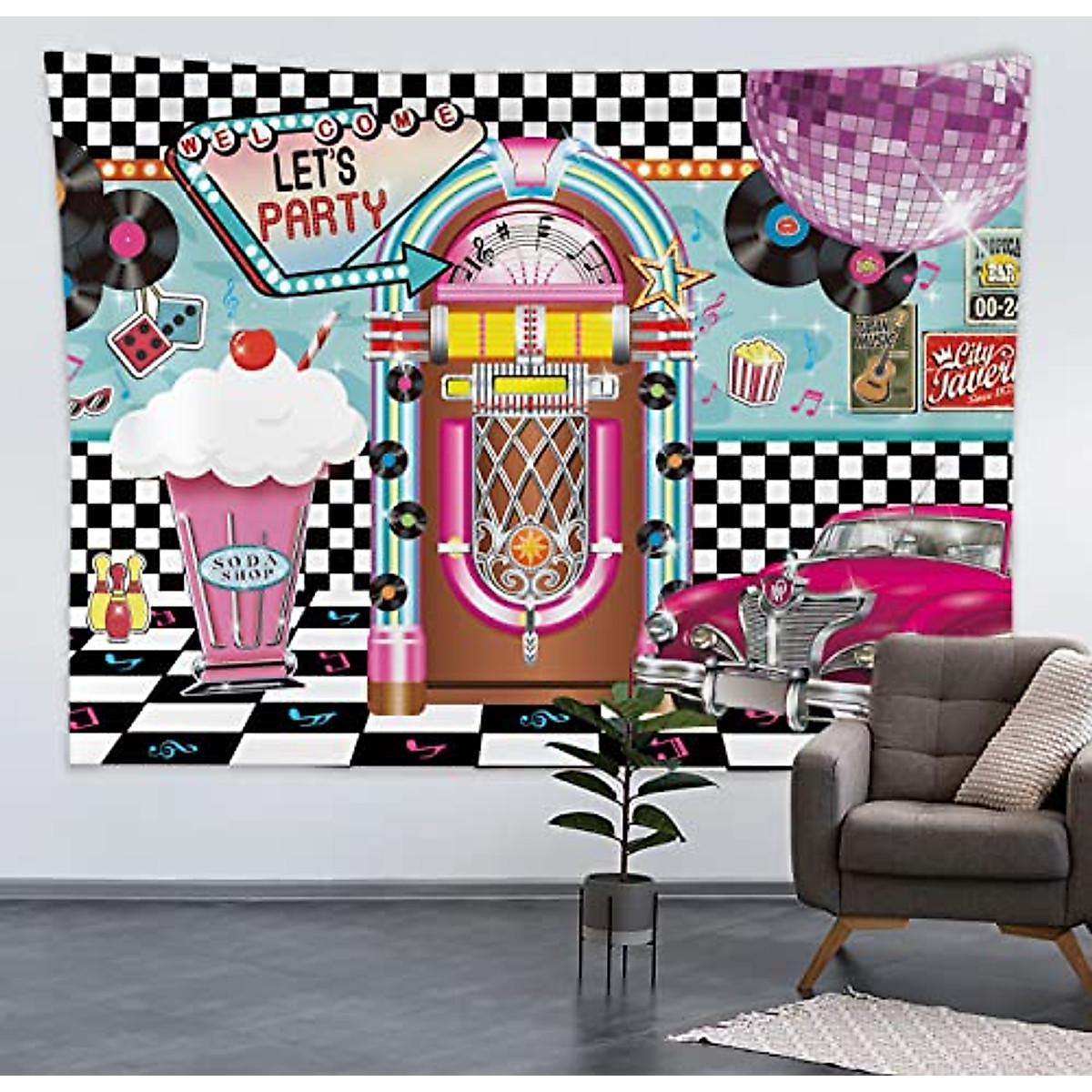 Maijoeyy 7x5ft Back to 50s Backdrop for Birthday Rock Roll Party 1950s Soda Shop Photo Backdrops 50's 60's Sock Hop Party Decorations Retro Diner Time Rock Roll Classic Car Party Decoration Banner