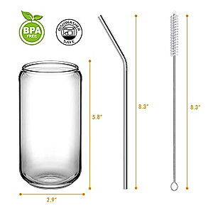 Can Shaped Glass Cups 6pc Set,16 oz Beer Can Glass, Drinking Glasses with Straws and Silicone Sleeves for Iced Coffee, Iced Tea, Cocktail, Whiskey, Wine, Soda, Water, with 2 Cleaning Brushes