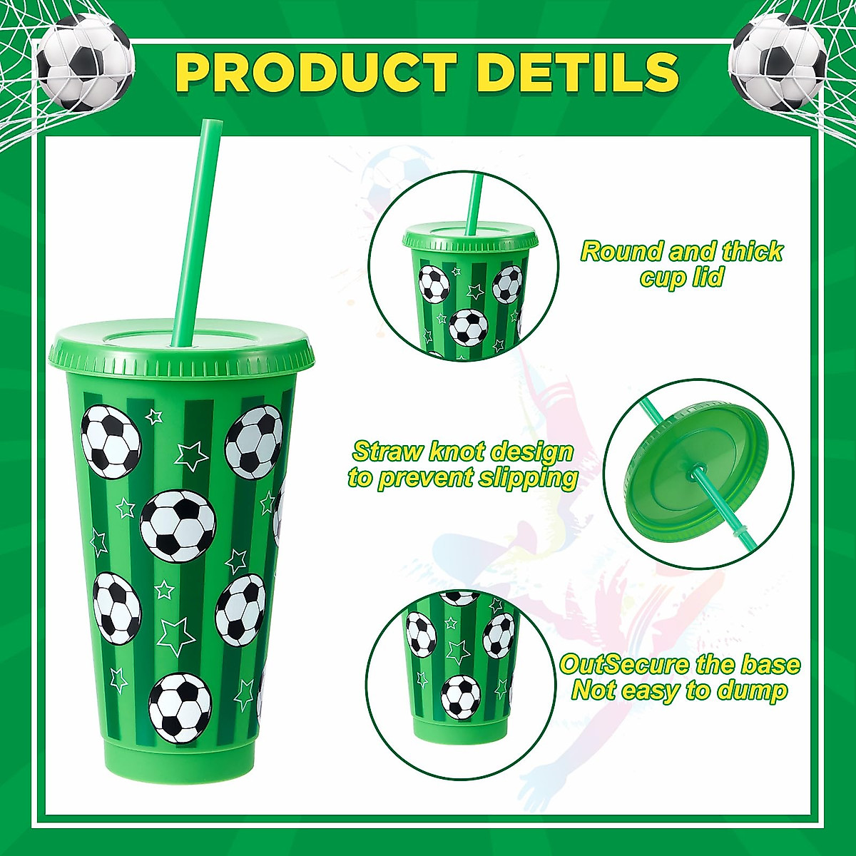 Uiifan 12 Pcs Plastic Soccer Cups 24 oz Reusable Soccer Tumbler with Lid and Straw Soccer Gifts for Coach Boyfriend Soccer Fan Men Women Soccer Party Favors Sports Themed Party Decorations