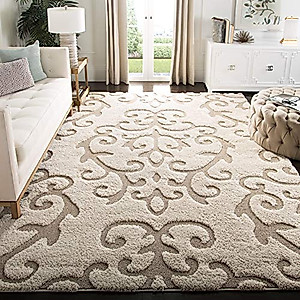 SAFAVIEH Florida Shag Collection Area Rug - 6' x 9', Cream & Beige, Scroll Design, Non-Shedding & Easy Care, 1.2-inch Thick Ideal for High Traffic Areas in Living Room, Bedroom (SG470-1113)