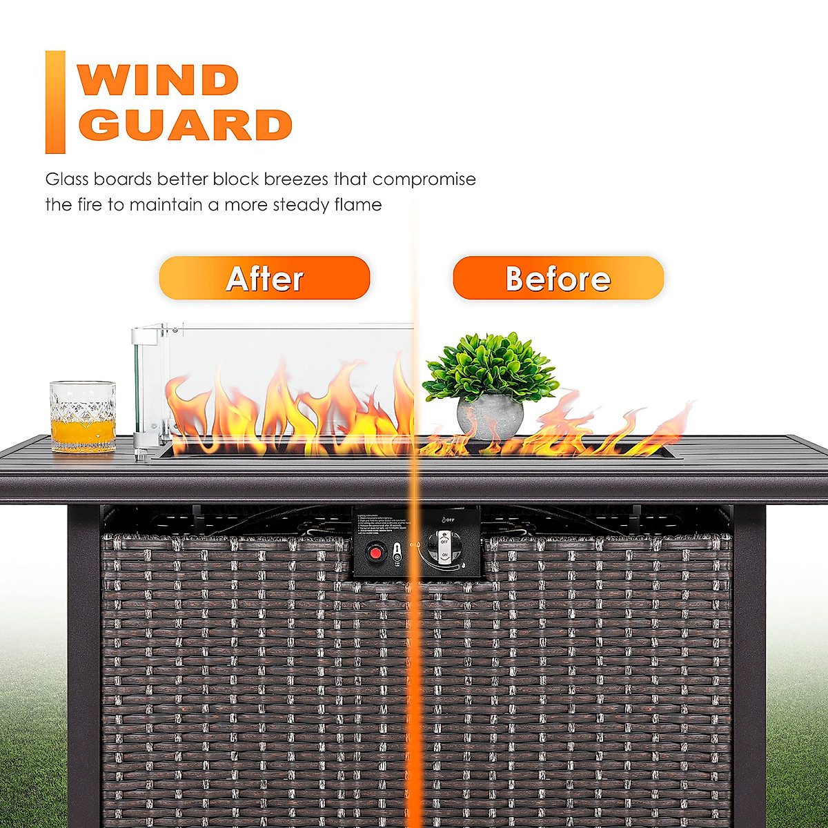 Nuu Garden Outdoor 43-inch 50,000 BTU Propane Gas Fire Pit Table, Aluminum Tabletop and PE Rattan Weaved Steel Frame, Water-Proof Oxford Cover, Glass Fire Pit Wind Guard, Glass Beads, Lid, Dark Brown