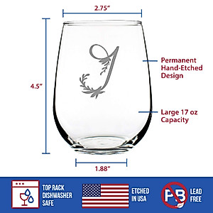 Monogram Floral Letter J - Stemless Wine Glass - Personalized Gifts for Women and Men - Large Engraved Glasses