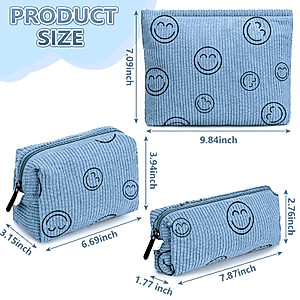 3 Pcs Smile Face Makeup Bag Corduroy Cosmetic Bag 3 Sizes Aesthetic Preppy Makeup Bags for Women Teen Girls Corduroy Toiletry Pouch Travel Smile Dots Bags Washable Skincare Bag (Light Blue Grey)
