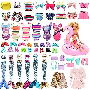 ENOCHT 25 Pcs Doll Clothes and Accessories Contain 4 Different Handmade Swimsuit, 1 Handmade Bathrobe, 1 Bathtowel, 16 Accessories, 1 Swimming Ring Float and 2 Mermaid Dress for 11.5 inch Doll