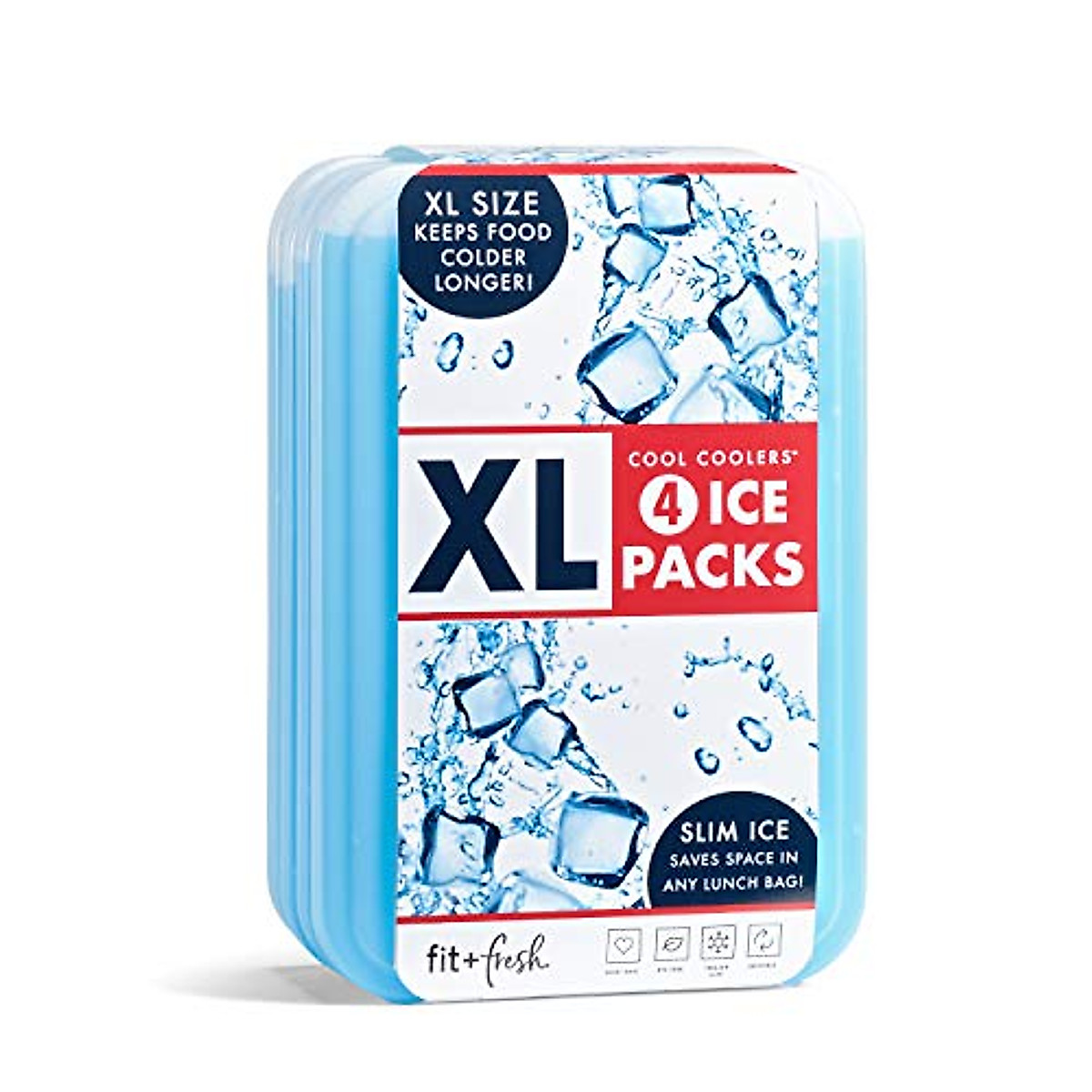 Fit & Fresh XL Cool Coolers Freezer Slim Ice Pack for Lunch Box, Set of 4, Xtra Large, Blue, 4 count (Pack of 1)