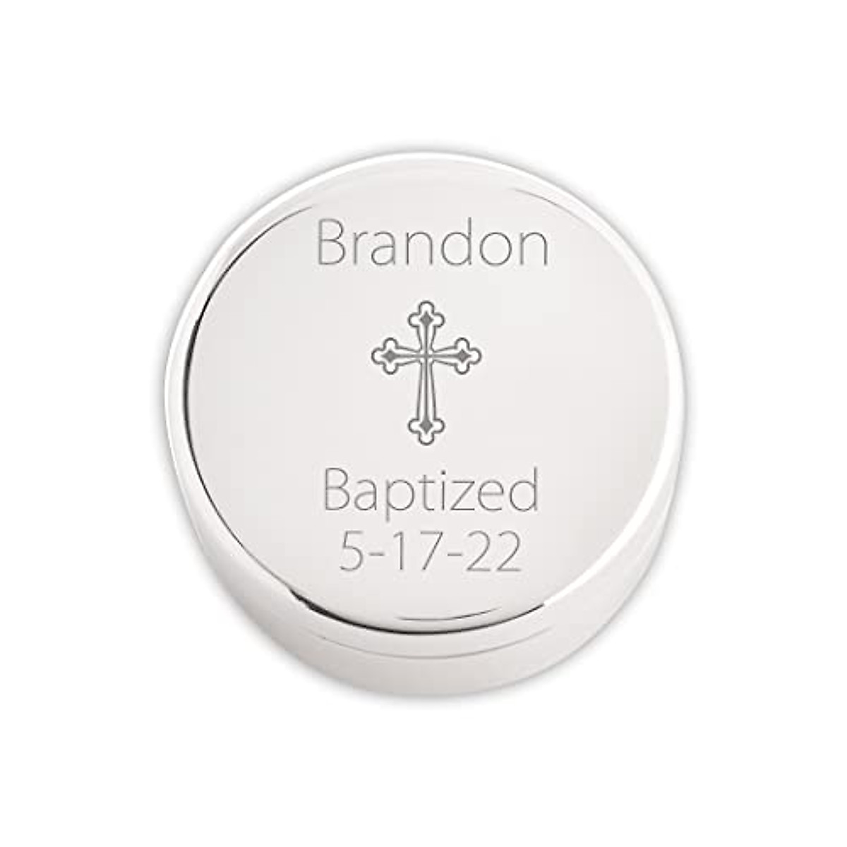 Cherished Moments Personalized Small Round Jewelry Keepsake Box that has Custom Engraved Cross and Message for Baby Baptism, Silver Toned